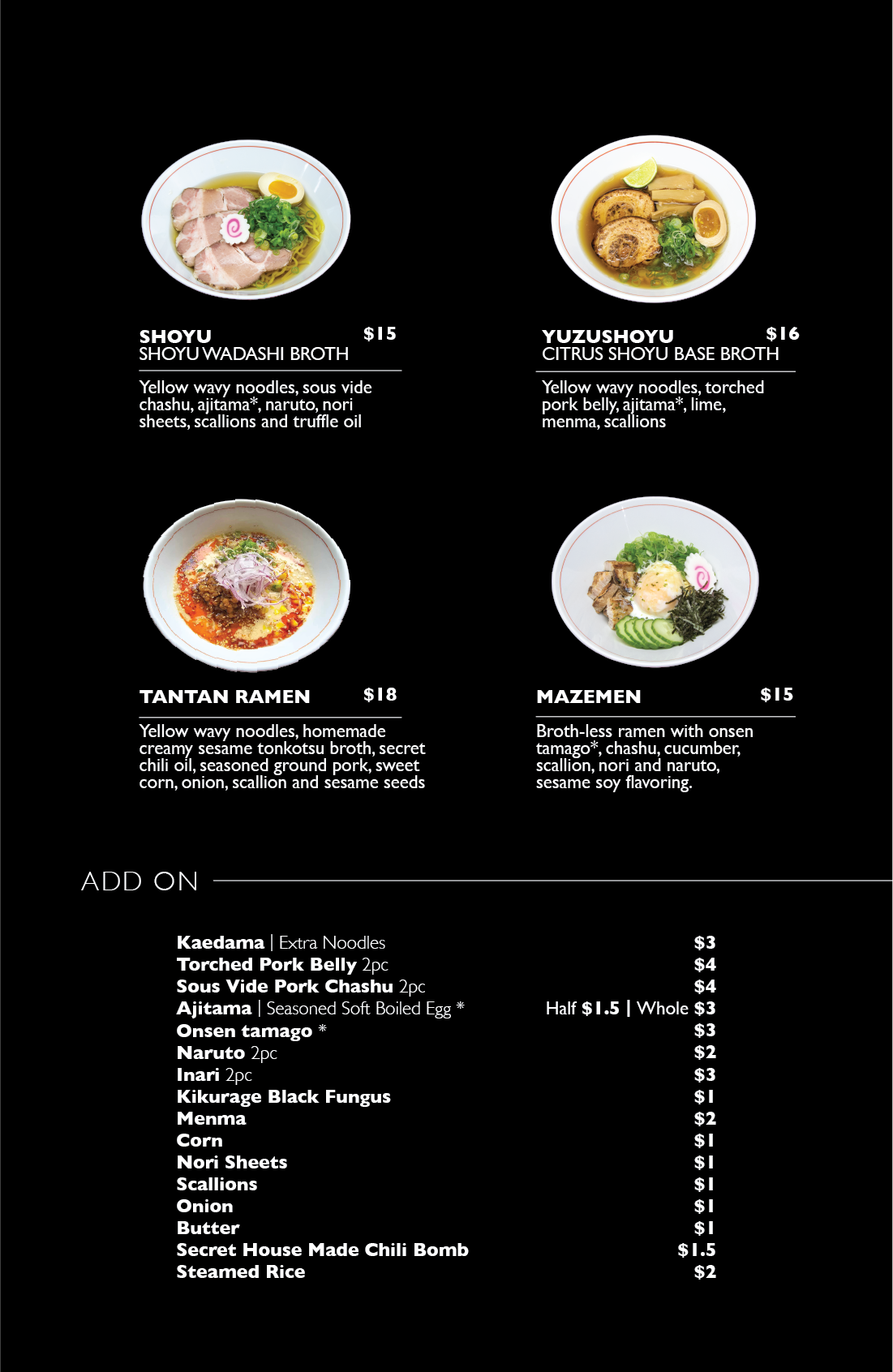 TORA Ramen Menu — Tora