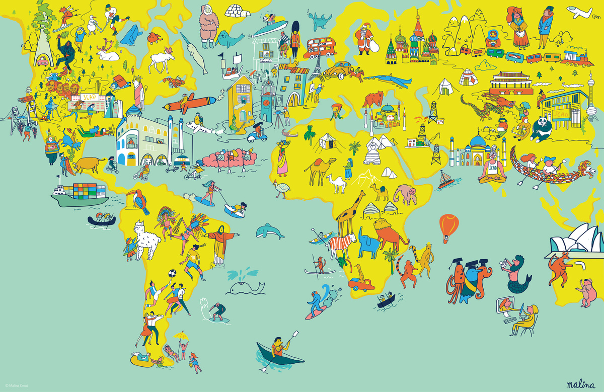 World Map-illustrated map-Malina Omut — malinaomut.com