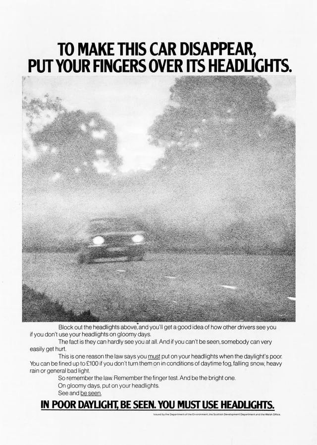 1974 UK Ministry of Transport print ad - To make this car disappear ...